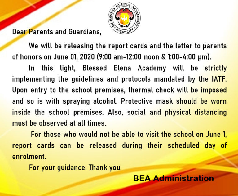Releasing of Report Cards | Blessed Elena Academy