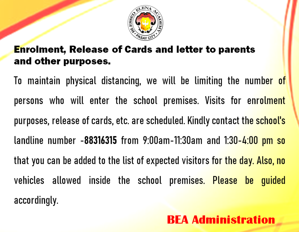 Enrolment, Release of Cards | Blessed Elena Academy
